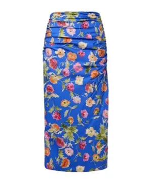 Carolina Herrera Floral Ruched Cotton-blend Midi Skirt - Blue