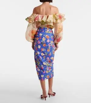 Carolina Herrera Floral Ruched Cotton-blend Midi Skirt