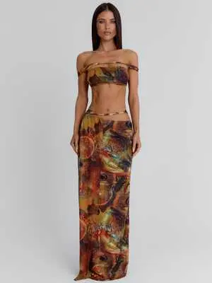 OUTCAST Estrella Crop Top In Talula Printed Mesh Off-shoulder