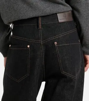 Brunello Cucinelli Leather-trimmed Wide-leg Jeans - Black