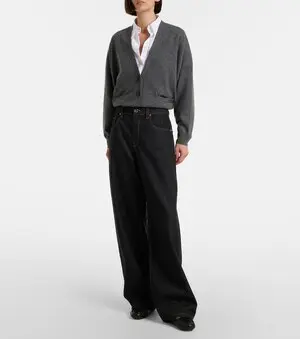 Brunello Cucinelli Leather-trimmed Wide-leg Jeans - Black