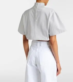 Alaïa Cropped High Neck T-shirt In Gris Perle Cotton