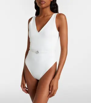 Tory Burch Double T Belted V-neck One-piece Swimsuit - White
