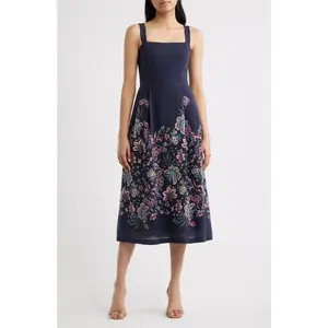 Julia Jordan Floral Print Square Neck Sleeveless Midi Dress - Navy Multi