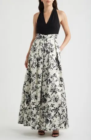 Julia Jordan Print Pleated Sleeveless Gown - Black Multi