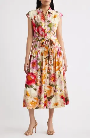 Julia Jordan Floral Print Tie Waist Midi Dress - Ivory Multi