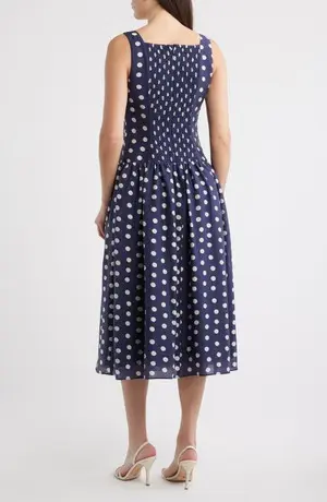 Julia Jordan Sleeveless Polka Dot Square Neck Midi Dress