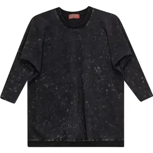 QEW Denim Wash Ribbed Band 3/4 Sleeve Top - Black
