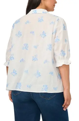 Halogen Embroidered Puff Sleeve Button-up Shirt
