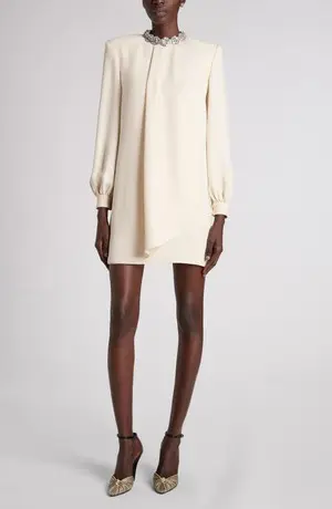 Valentino Garavani Rhinestone Embellished Long Sleeve Silk Cady Minidress - Vanilla