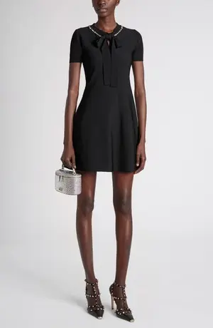 Valentino Garavani Rhinestone Embellished Fit & Flare Mini Sweater Dress
