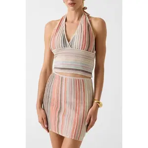 MARCIANO Rosy Stripe Metallic Knit Halter Neck Sweater - Brown