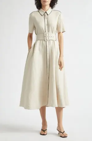 TOCCIN Linen Blend Shirtdress With Belt - Desert/jet