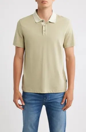 BOSS Parlay Contrast Collar Cotton Polo - Open Beige