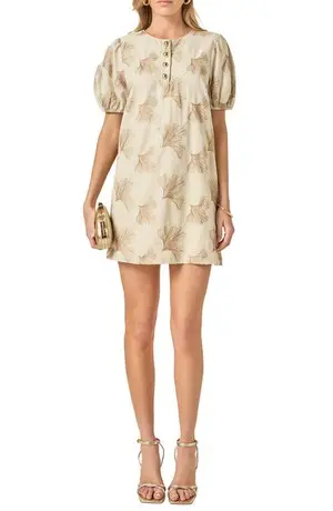 English Factory Ginkgo Leaf Embroidered Puff Sleeve Mini Dress