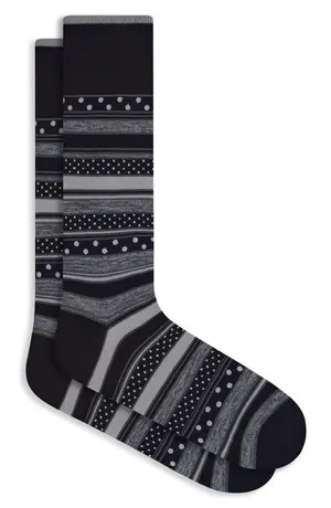 Bugatchi Mercerized Cotton Blend Dress Socks With Mixed Stripes - Black