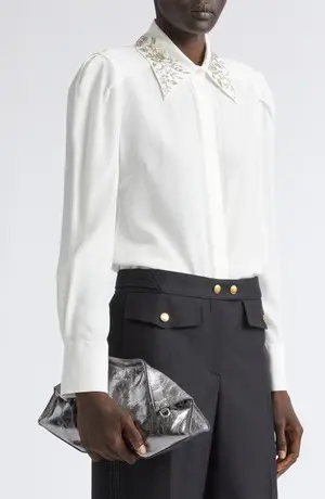 Alexander McQueen Manta Crinkled Metallic Leather Clutch - Lead