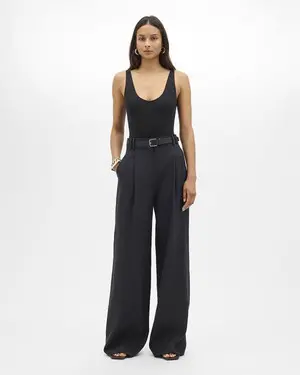 Another Tomorrow Linen Pleated Wide Leg Trousers - Black