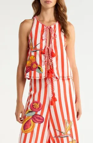 Farm Rio Striped Fruit Embroidered Tie-front Cover-up Top - Red