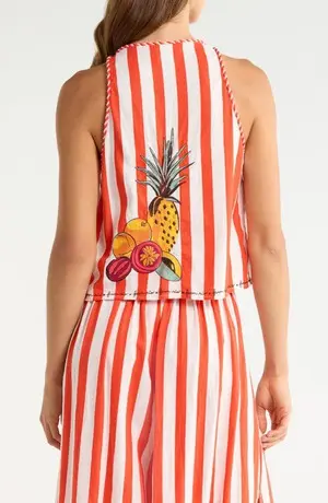 Farm Rio Striped Fruit Embroidered Tie-front Cover-up Top