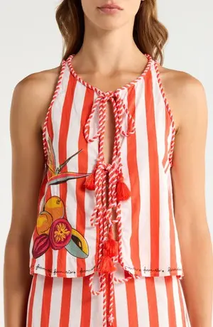 Farm Rio Striped Fruit Embroidered Tie-front Cover-up Top