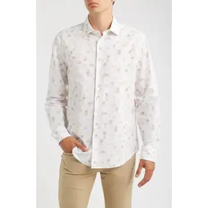 Bugatchi Axel Trim Fit Geometric Print Cotton & Linen Button-up Shirt