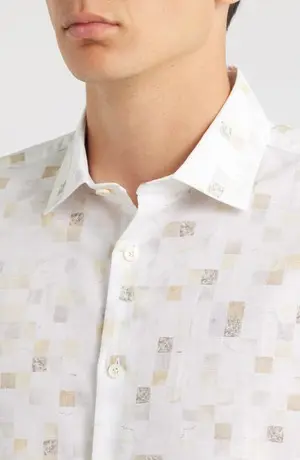 Bugatchi Axel Trim Fit Geometric Print Cotton & Linen Button-up Shirt