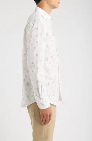 Bugatchi Axel Trim Fit Geometric Print Cotton & Linen Button-up Shirt