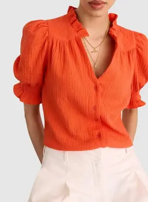 BAUKJEN Nolan Organic Cotton Cheesecloth Blouse - Tangerine