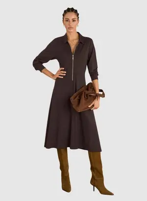 BAUKJEN Mariposa Ponte Zip Front Midi Dress - Dark Chocolate