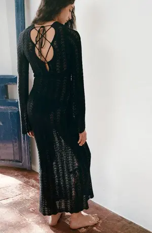 Mango Lace-up Open Back Sheer Pointelle Maxi Dress