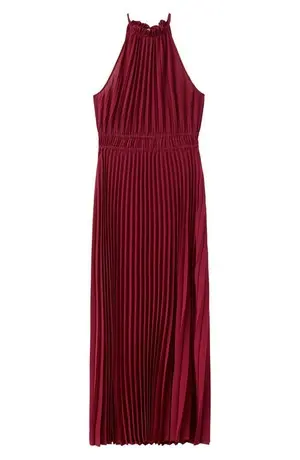 Mango Pleated Halter Neck Midi Dress - Cherry