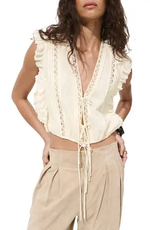 Mango Tie Front Ruffled Lace Trim Top