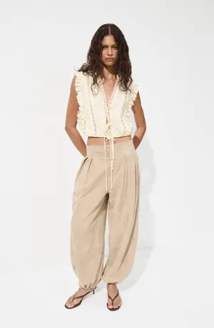 Mango Tie Front Ruffled Lace Trim Top