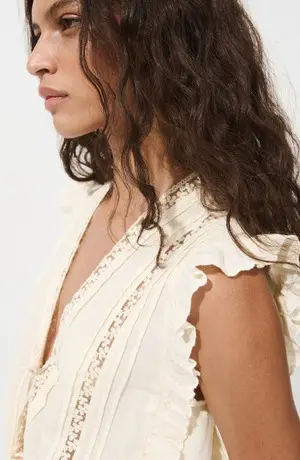 Mango Tie Front Ruffled Lace Trim Top
