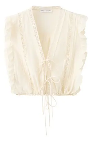 Mango Tie Front Ruffled Lace Trim Top