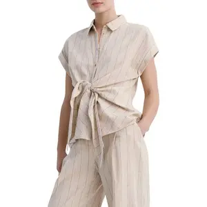Mango Pinstripe Tie Waist Linen & Cotton Shirt