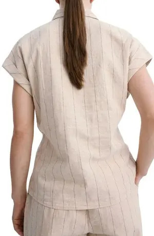 Mango Pinstripe Tie Waist Linen & Cotton Shirt