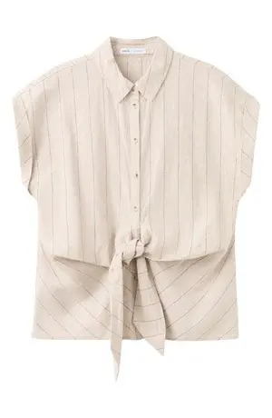 Mango Pinstripe Tie Waist Linen & Cotton Shirt
