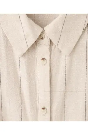 Mango Pinstripe Tie Waist Linen & Cotton Shirt