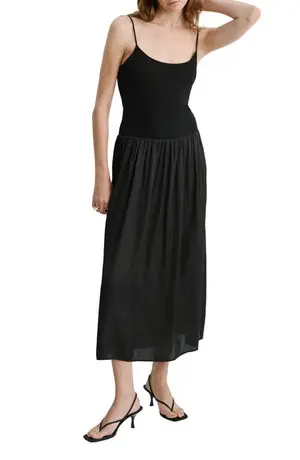 Mango Lace-up Back Drop Waist Mixed Media Dress - Black