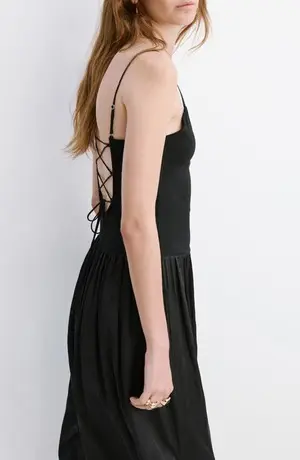 Mango Lace-up Back Drop Waist Mixed Media Dress