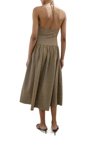 Mango Ruched Halter Neck Gingham Checks Midi Dress