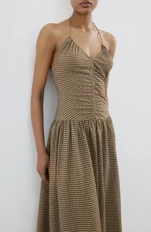 Mango Ruched Halter Neck Gingham Checks Midi Dress
