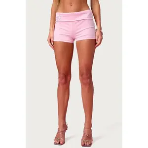 EDIKTED Barbie Rhinestone Foldover Shorts - Light-pink