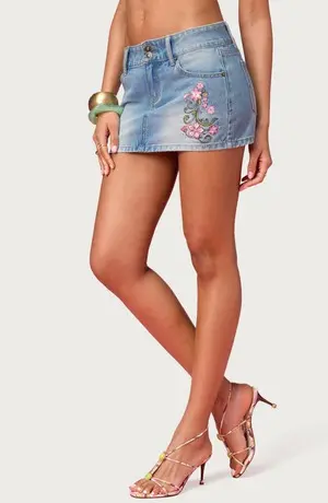 EDIKTED Floral Embroidered Denim Miniskirt