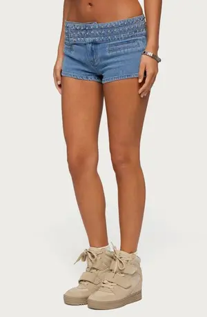 EDIKTED Odetta Studded Low Rise Denim Shorts
