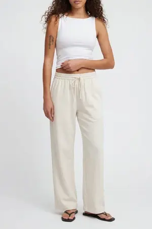 SOLOMON & SAGE Cotton Wide Leg Drawstring Trousers - Cream