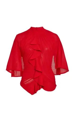 LANVIN Cotton-silk Ruffle Detail Top - Red
