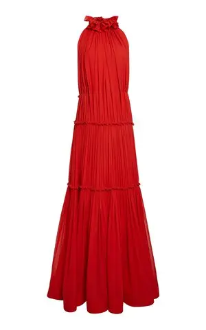 LANVIN Halter-neck Pleated Silk Dress - Orange